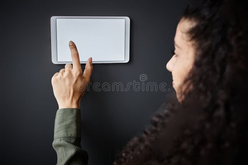 Woman Using Domotics System Stock Image - Image of tablet, robot: 316703555