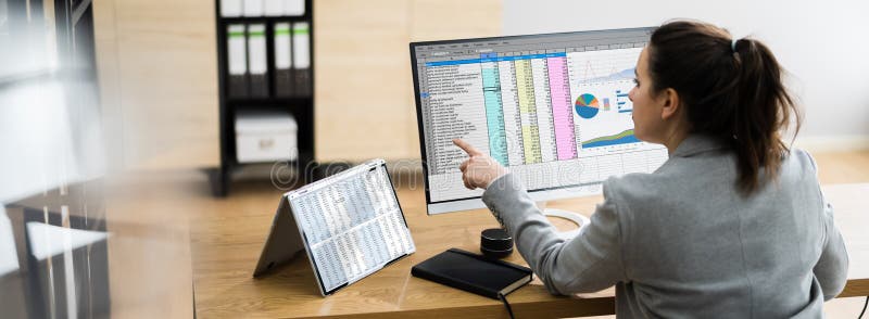 Woman Using Finance Spreadsheet Report Stock Photo - Image of laptop ...