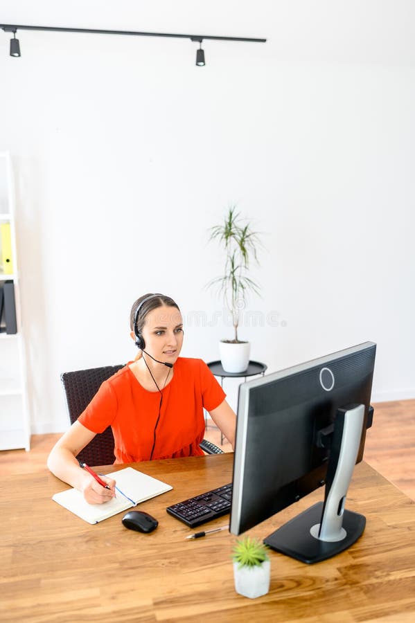Woman Using Headset and Pc for Work Stock Photo - Image of business ...