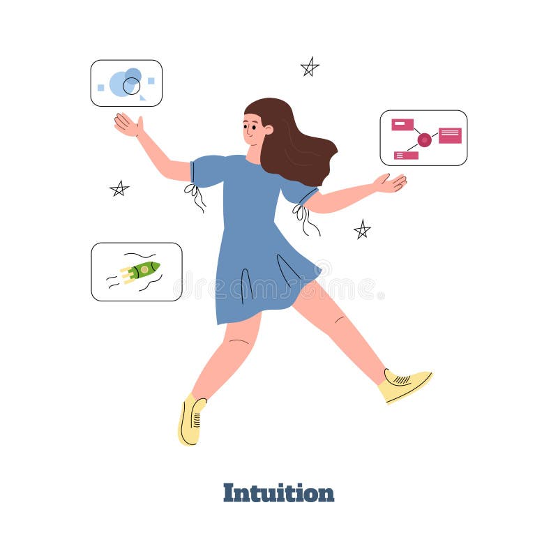 Woman Using Her Intuitive Kind of Thinking, Flat Vector Illustration ...
