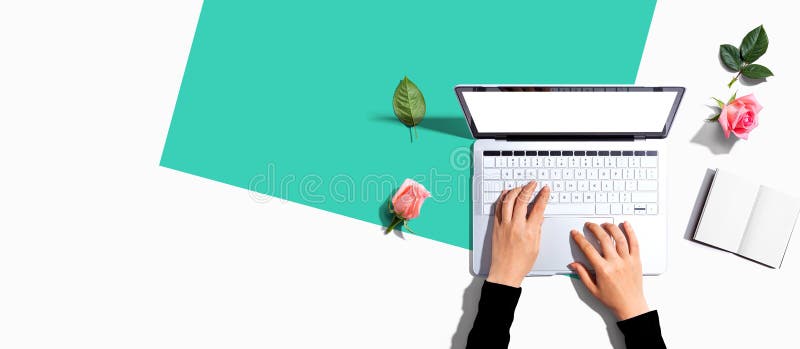 Woman Using Her Laptop with Pink Roses Stock Photo - Image of ...