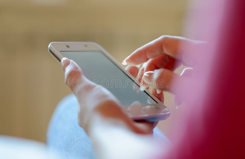 Woman Using Her Mobile Smart Phone at Home Stock Image - Image of ...
