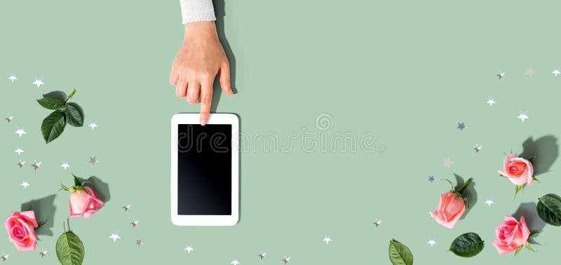 Woman Using Her Tablet Computer Pink Roses Stock Photos - Free ...
