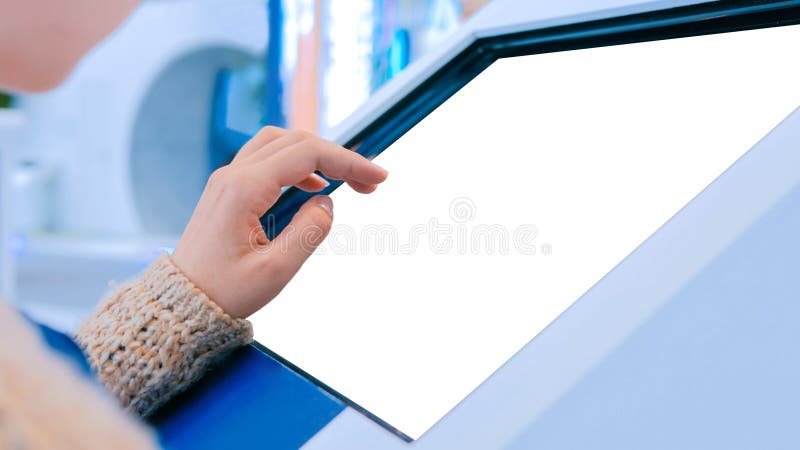 Woman Using Interactive Touchscreen Display at Urban Show Stock Image ...