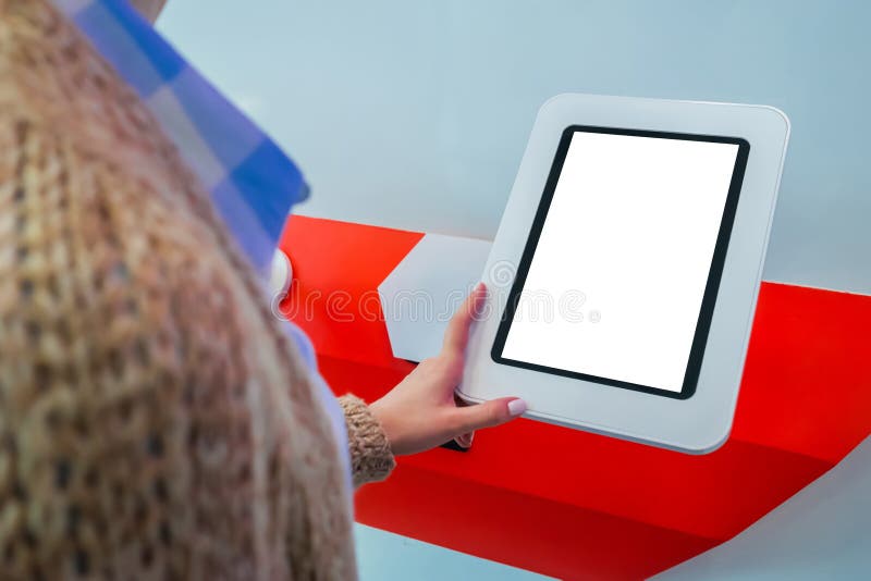 Woman Using Interactive Empty White Touchscreen Display Kiosk at Exhibition Stock Image - Image ...