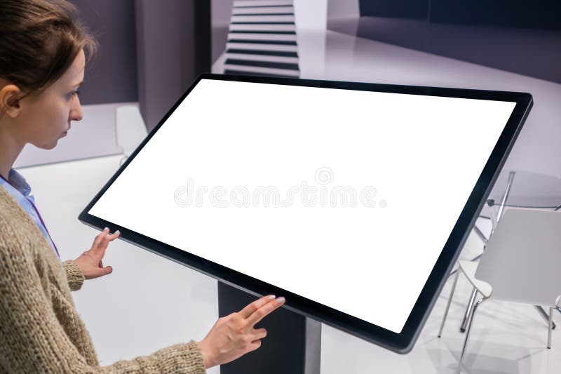 Woman Using Interactive Empty White Touchscreen Display Kiosk at Exhibition Stock Image - Image ...
