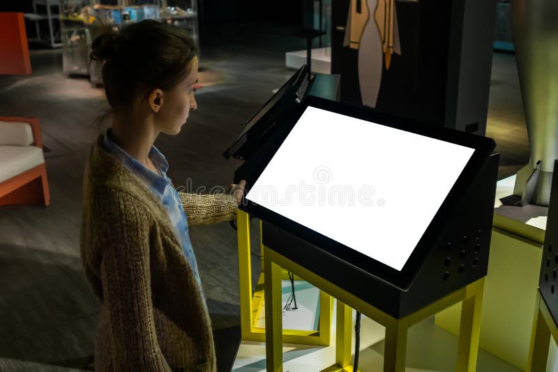 Woman Using Interactive Empty White Touchscreen Display Kiosk at Exhibition Stock Photo - Image ...