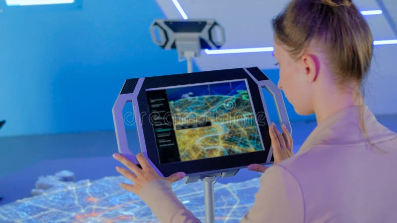 Woman Using Interactive Touchscreen Display at Modern Technology ...