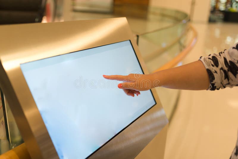 Woman Using Interactive Touchscreen Display at Urban Exhibition ...