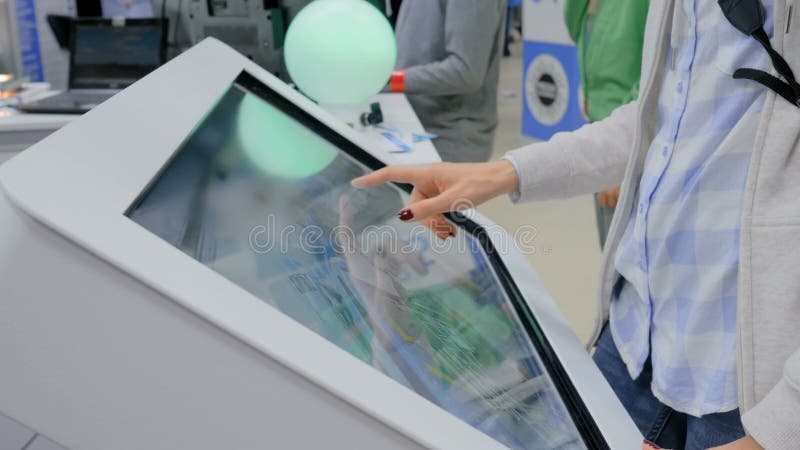 Woman Using Interactive Touchscreen Display Stock Footage - Video of ...