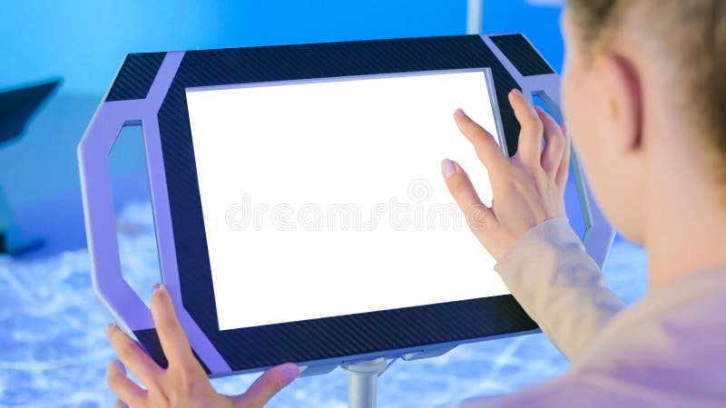 Woman Using Interactive White Blank Touchscreen Display Kiosk at Sci-fi ...