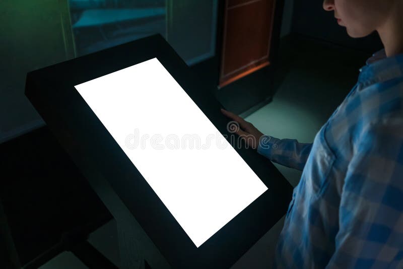 Woman Using Interactive White Empty Touchscreen Display of Computer ...