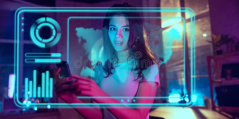Woman Using Interface Modern Technology and Digital Layer Effect As ...