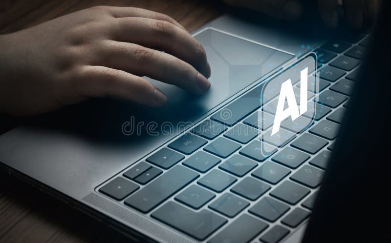 Woman Using Laptop with AI Hologram Interface. Stock Image - Image of ...