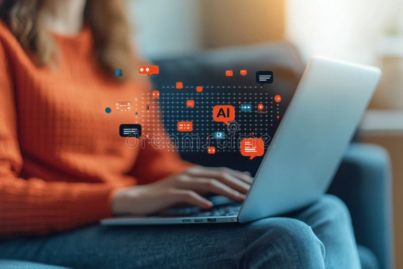 Woman Using Laptop with AI Interface Digital Communication Online ...