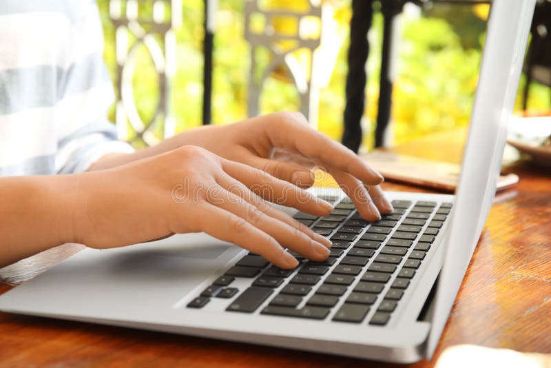 Woman Using Laptop in Cafe. Blogger at Work Stock Image - Image of ...
