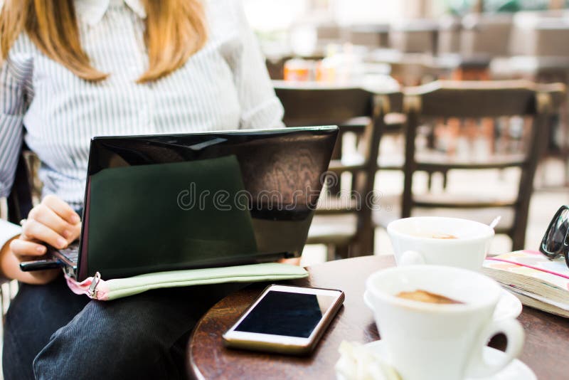 Woman Using Laptop at a Coffee Bar Stock Image - Image of espresso ...