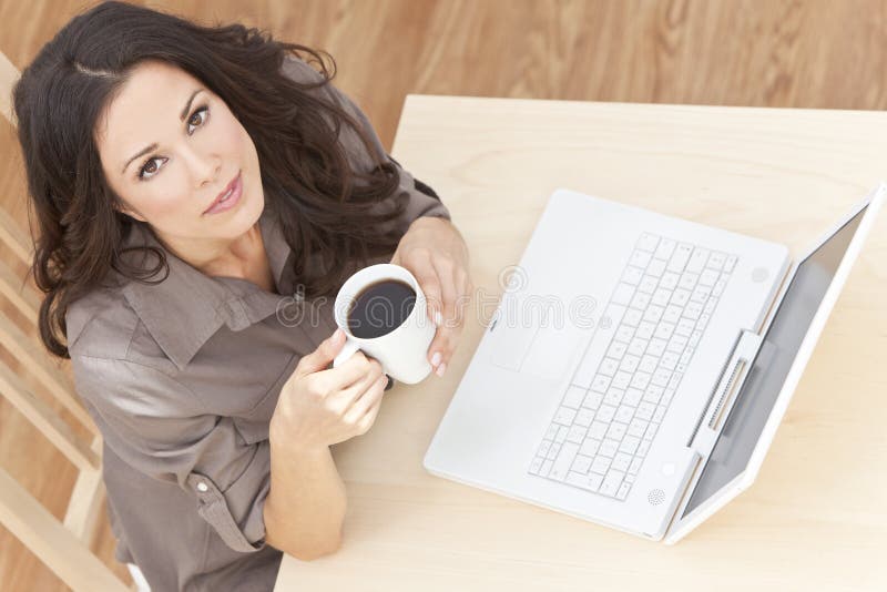 Woman Using Laptop Computer Drinking Tea Coffee Stock Photo - Image of ...