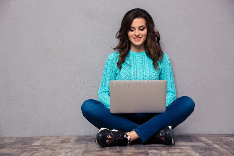 Woman Using Laptop Computer on the Floor Stock Image - Image of floor ...