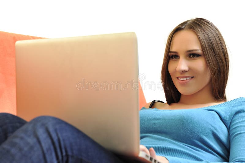 Woman Using a Laptop Computer at Home Stock Image - Image of interior ...