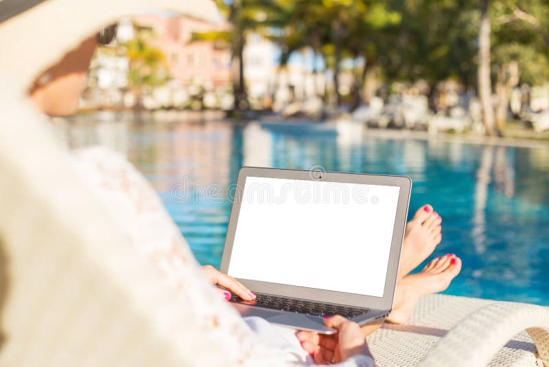 Woman Using Laptop Computer by the Pool Stock Image - Image of blogging ...