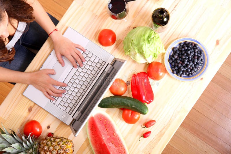 Snacking with Healthy Food at the Laptop Stock Photo - Image of snacks ...