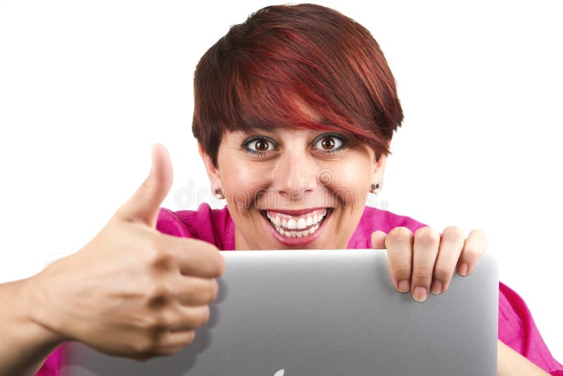 Woman Using Laptop and Doing Thumbs Up Stock Photo - Image of network ...