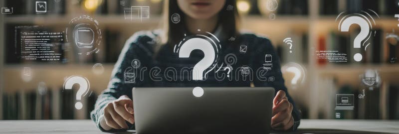 Woman Using a Laptop with Multiple Floating Question Marks ...