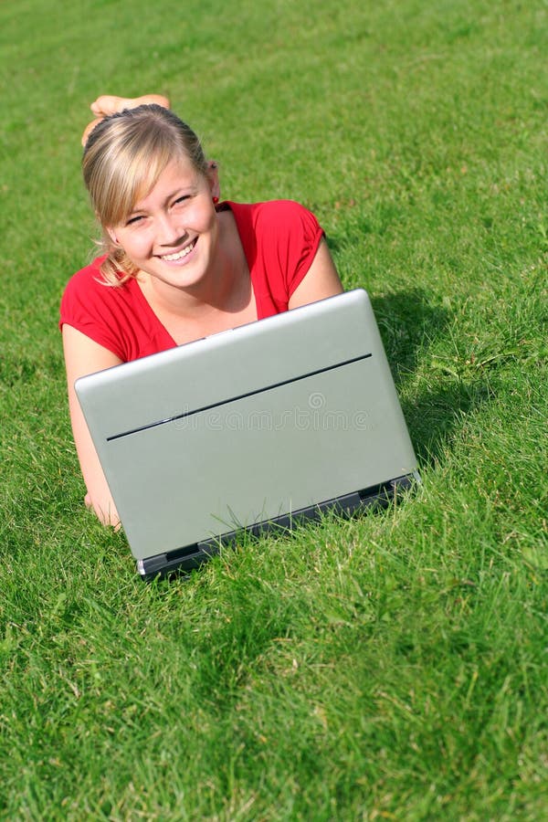 Woman Using Laptop Outdoors Stock Image - Image of wireless, summer ...