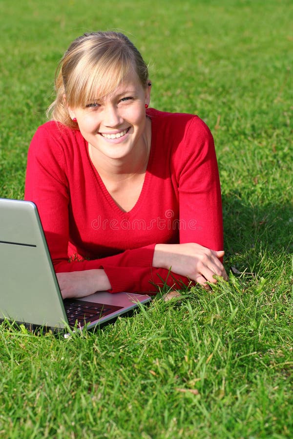 Woman Using Laptop Outdoors Stock Image - Image of smile, happy: 3295907
