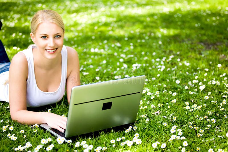 Woman Using Laptop Outdoors Stock Image - Image of smile, accessibility ...