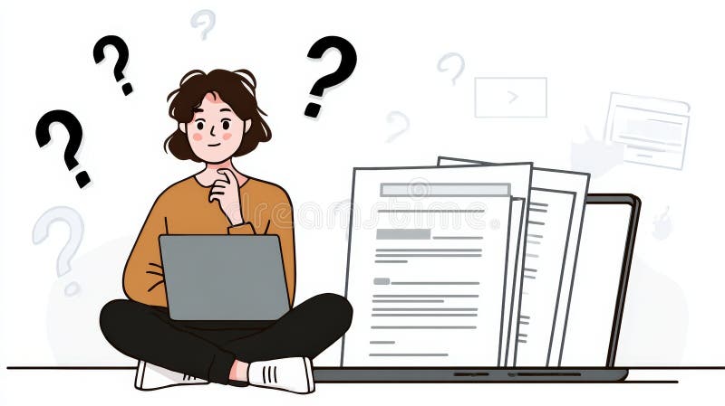 Woman Using Laptop with Question Marks and Documents Around Stock Illustration - Illustration of ...