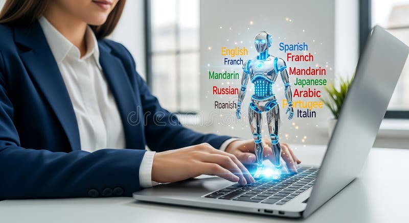 AI Language Translation: Woman Using Laptop with Multilingual Robot (Generated with AI) Stock ...