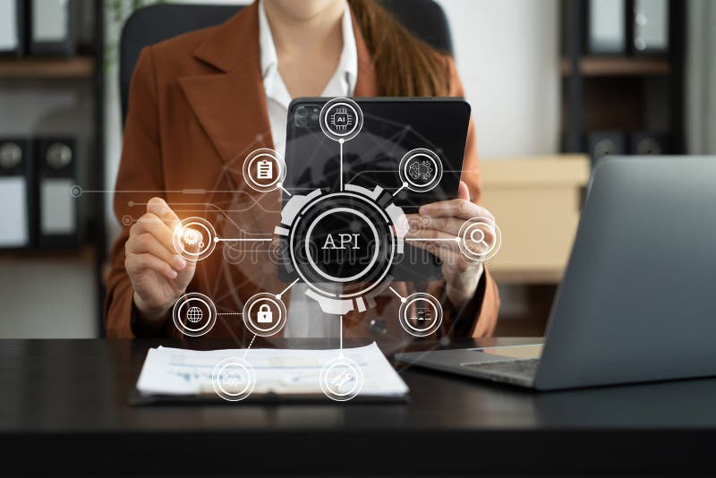 Woman Using Laptop, Tablet and Smartphone with Virtual Screen API Icon Software Development Tool ...