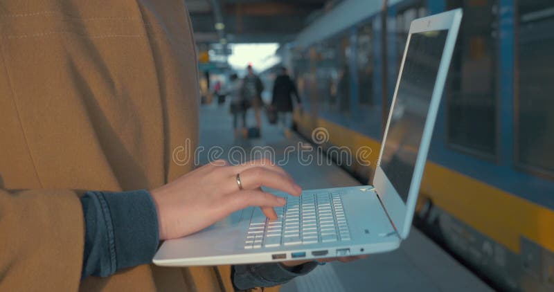 Woman Using Laptop by Train at the Station Stock Image - Image of ...
