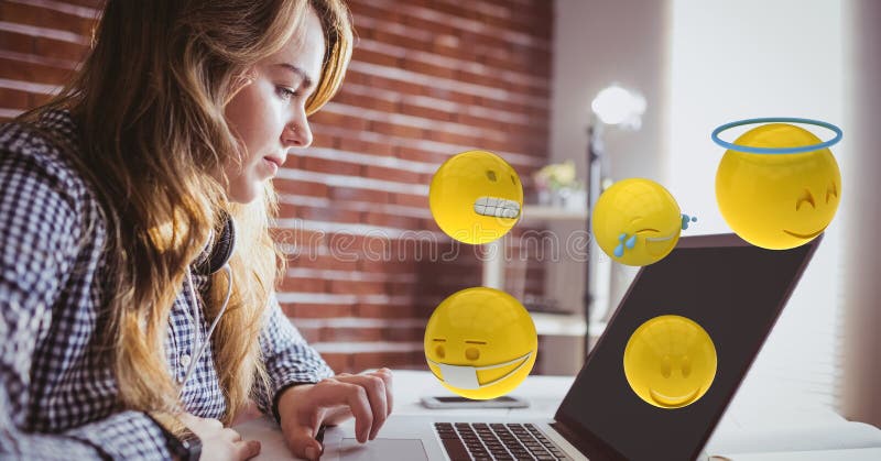 Woman Working On A Laptop Computer Emoticon Stock Vector - Illustration ...