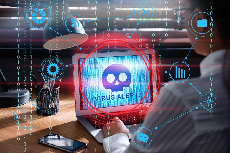 Woman Using Laptop with Warning about Virus Attack on Screen, Closeup ...