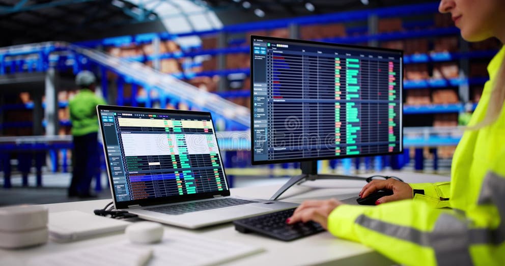 Woman Using Logistic Software on Warehouse Computer Stock Photo - Image ...