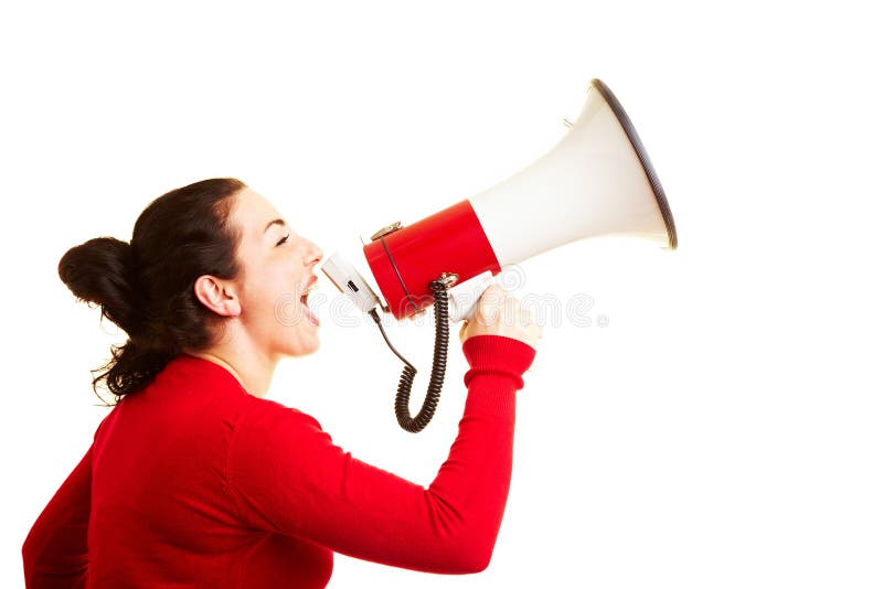 Woman using a megaphone stock image. Image of motivation - 197864923