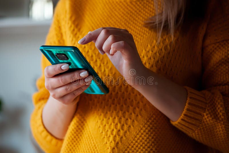 Woman Using Mobile Phone, Holding in Hands Stock Image - Image of ...