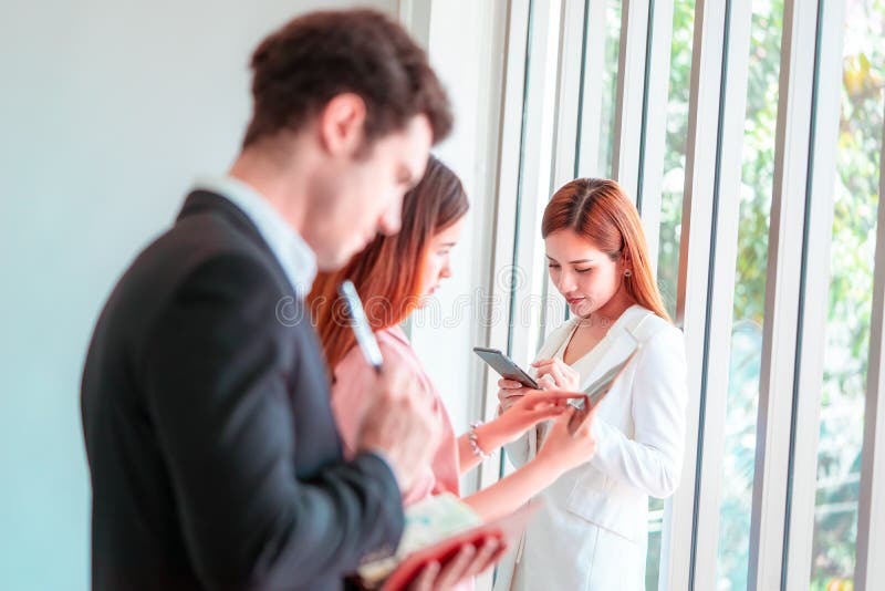 Woman Using Mobile Phone in Office Meeting Room Stock Photo - Image of ...