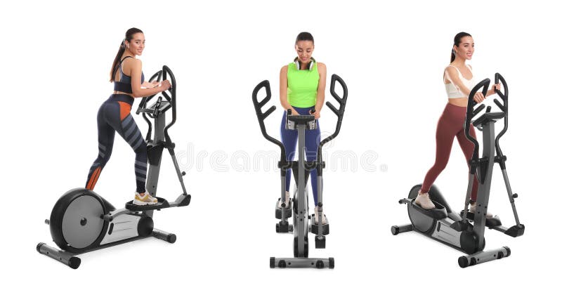 Woman Using Modern Elliptical Machine on White Background, Collage ...