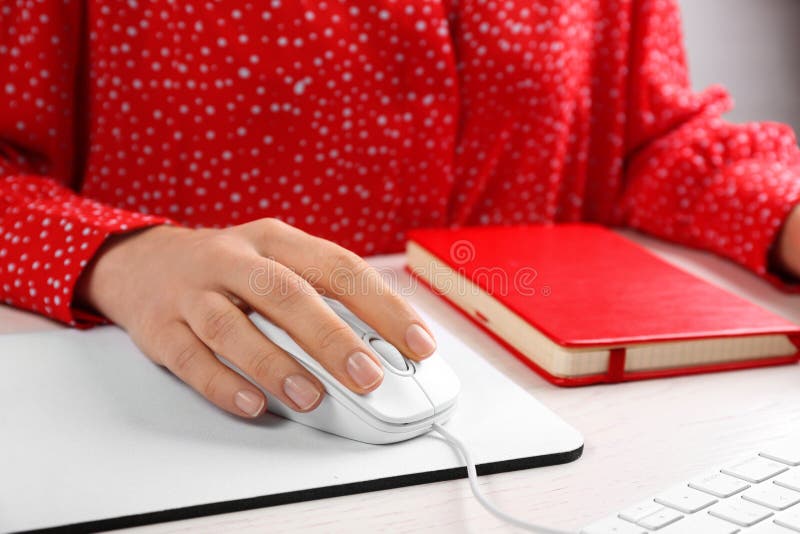 Woman Using Modern Wired Optical Mouse at Office Table Stock Image ...