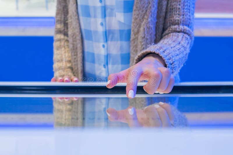Woman Using Multimedia Touchscreen Display of Interactive Kiosk Stock ...