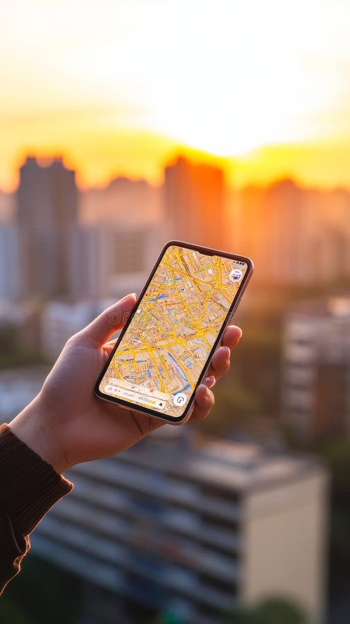 Woman Using Navigation App on Smartphone at Sunset Over City Skyline ...