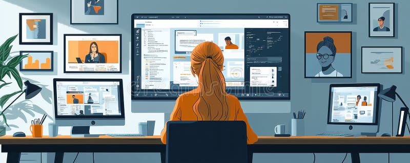 Woman Using Online Profile Management Software in Modern Office Setting ...