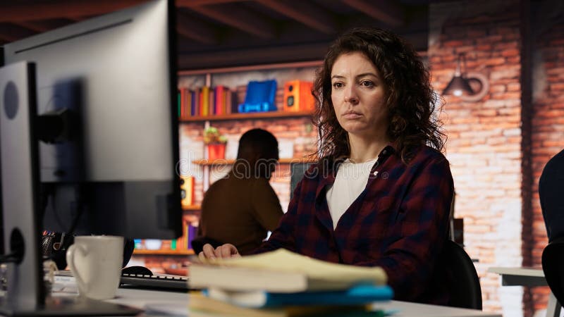 Woman Using Pc In Startup Office To Design And Implement Algorithms Stock Image Image Of