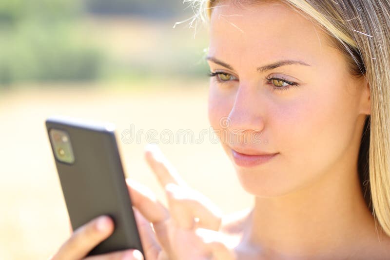 Woman Using Phone in Nature Stock Photo - Image of female, message ...
