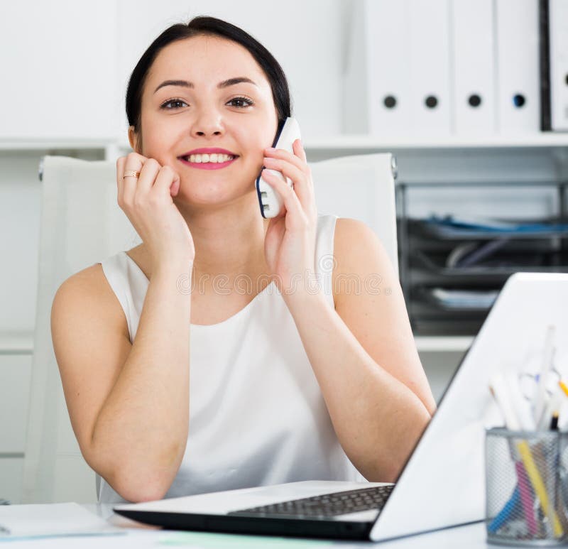 Woman Using Phone in Office Stock Photo - Image of intelligent ...