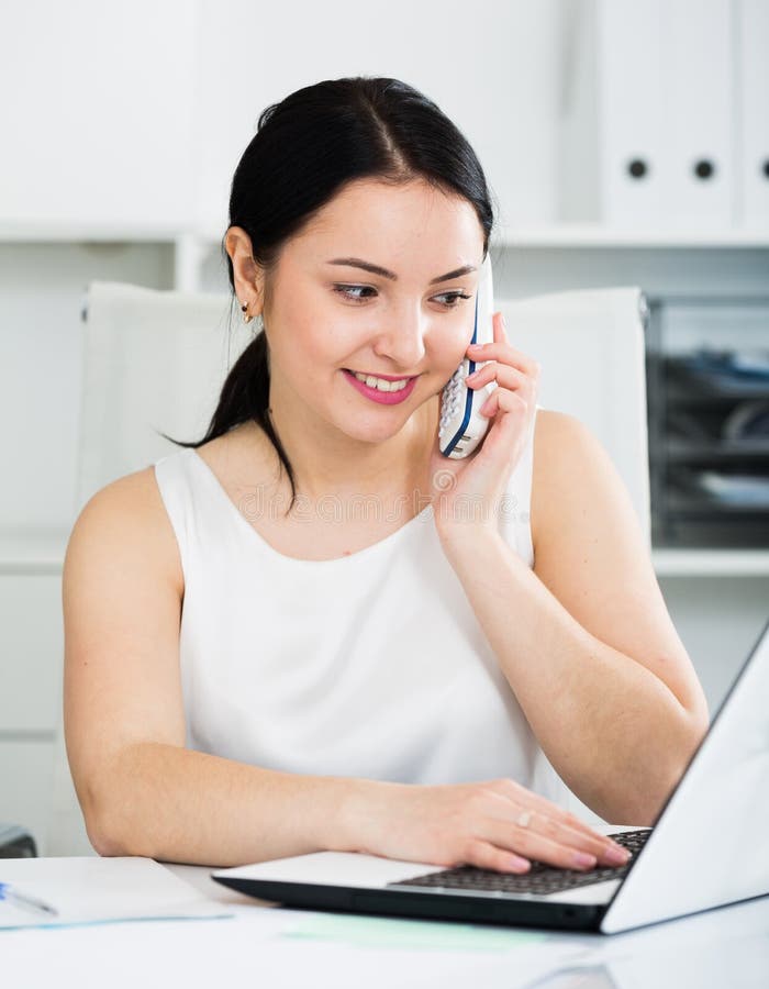 Woman Using Phone in Office Stock Image - Image of indoors, korean ...